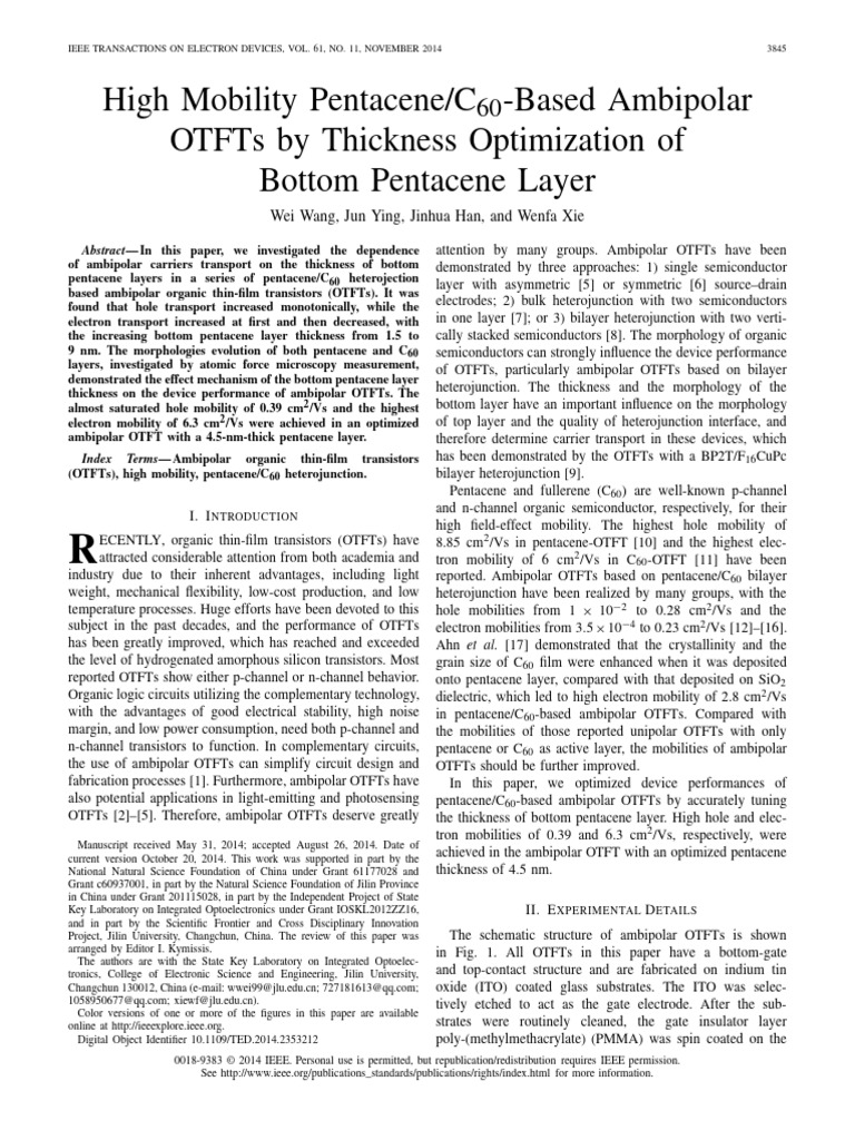 High Mobility Pentacene C60-Based Ambipolar OTFTs by Thickness Optimization of Bottom Pentacene ...