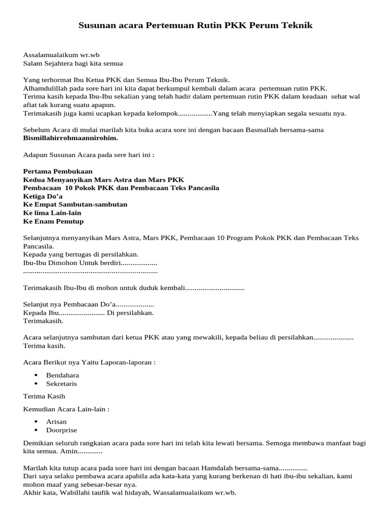 Susunan acara Pertemuan Rutin PKK Perum Teknik | PDF