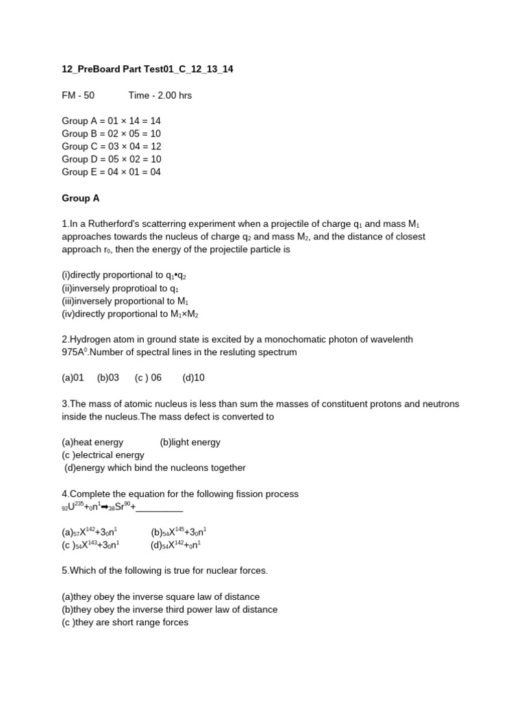 12 Preboard Part Test01 C 12 13 14 1 Pdf Atomic Nucleus