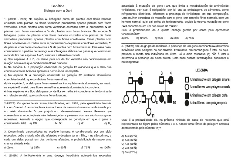 Heredograma, Probabilidade, Genes Letais | PDF | Alelo | Dominância ...