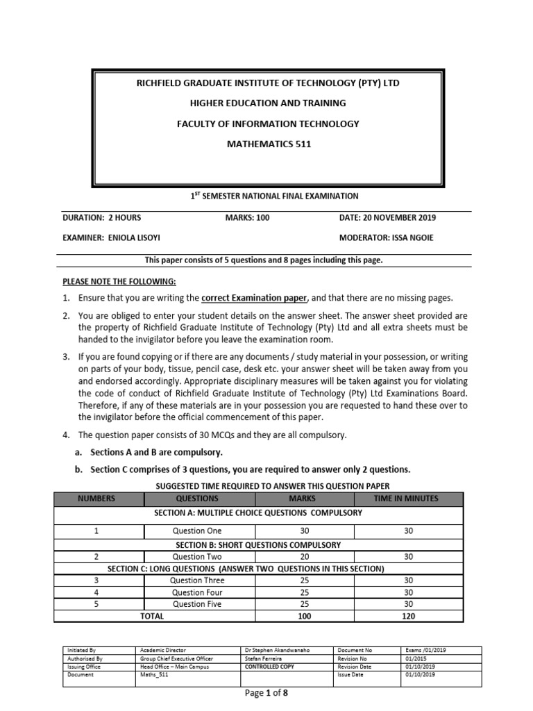Math 511 Exam_2020 | PDF | Boolean Algebra | Teaching Mathematics