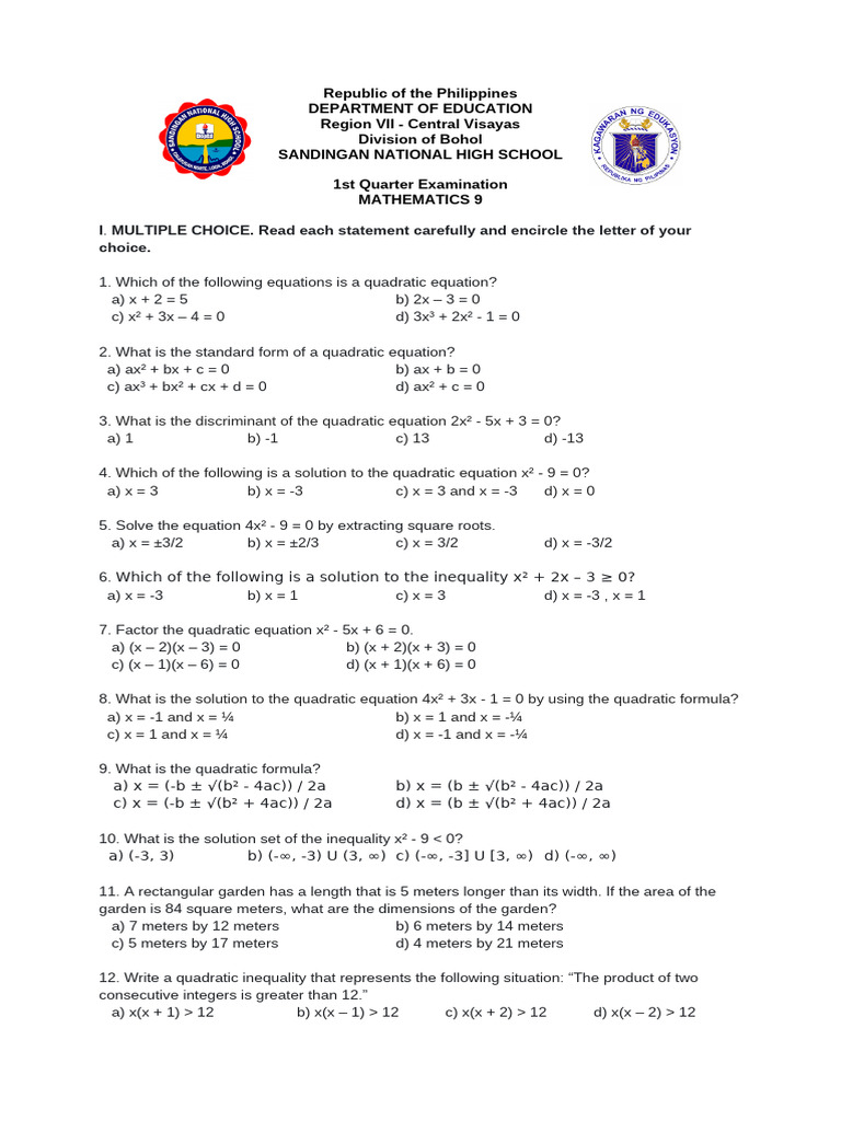 Mathematics 9 1st Quarter Exam Guide | PDF | Quadratic Equation ...