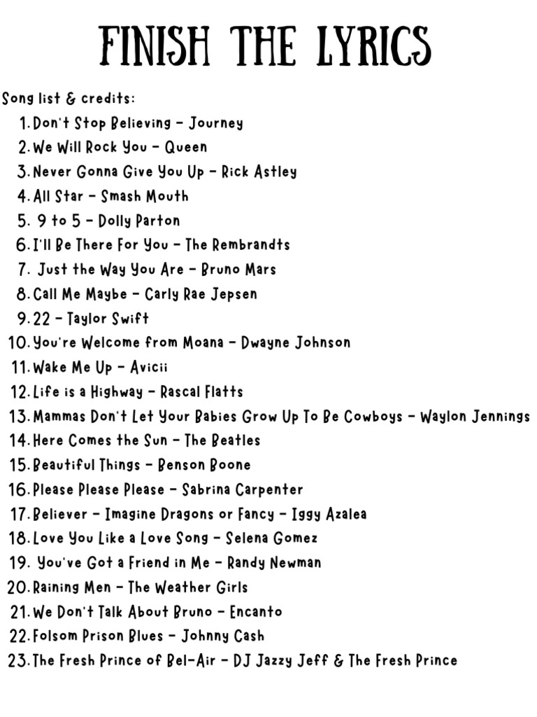 Finish the Lyrics: Coesse Edition | PDF | Sound Recording | Recorded Music