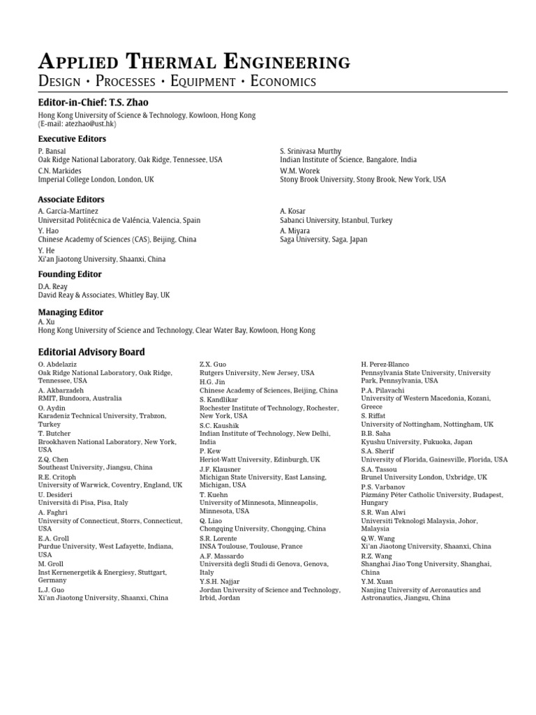 Editorial Board - 2018 - Applied Thermal Engineering | PDF