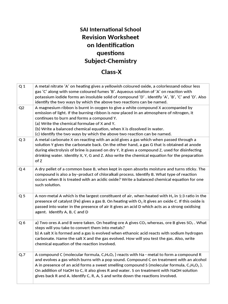 Chemistry Revision Worksheet for Class X | PDF | Chemical Reactions | Oxide