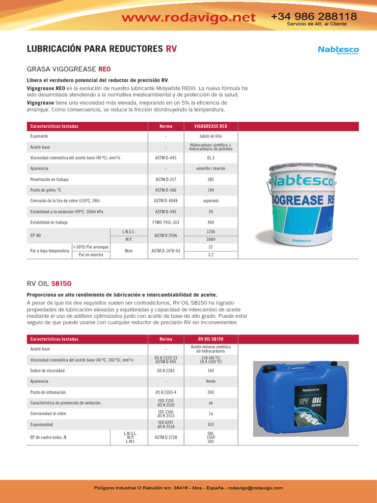 Grasa Lubricante Vigogrease para Reductores RV Nabtesco | PDF ...