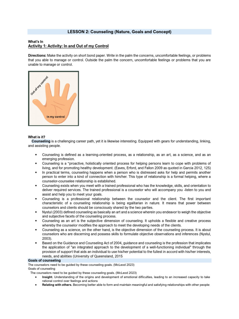 LESSON 2 Counseling - Activities | PDF | Psychotherapy | Goal