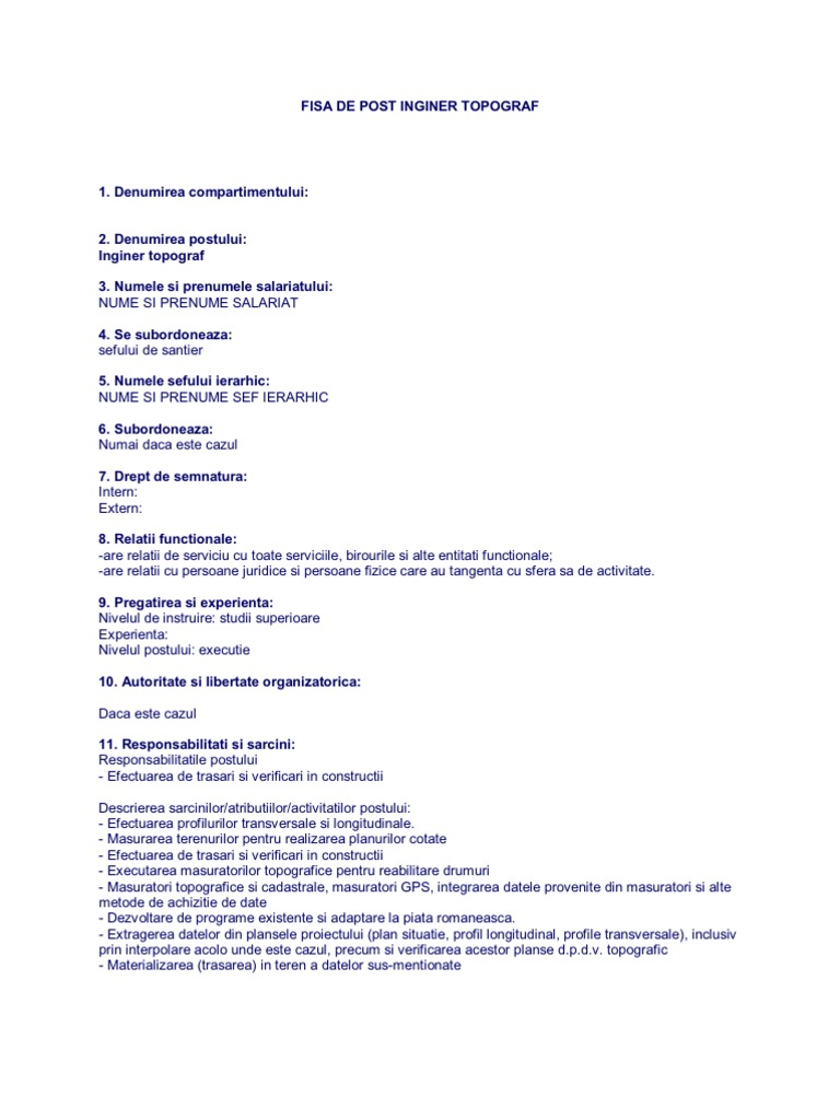 Fisa de Post Inginer Topograf