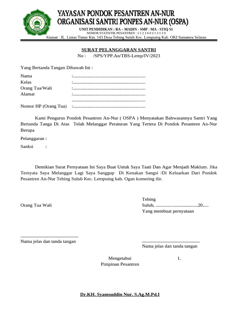 Surat Pelanggaran Santri Pondok Pesantren | PDF
