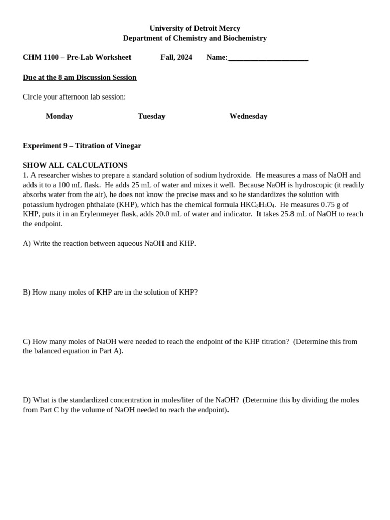 CHM 1100-2024-Fall-Experiment 9-Titration-Pre-Lab Worksheet | PDF