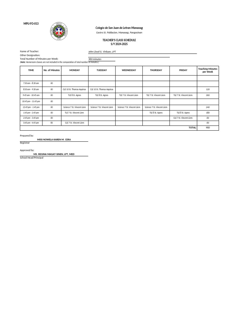 TEACHER-CLASS-SCHEDULE- John Lloyd G. Vinluan | PDF