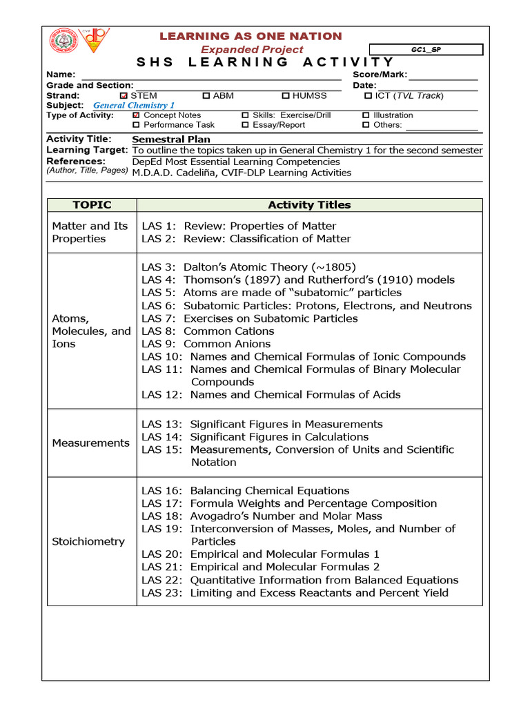 Gen Chem 1 LAS 00 General Chemistry 1 Semestral Plan | PDF | Chemistry | Molecules