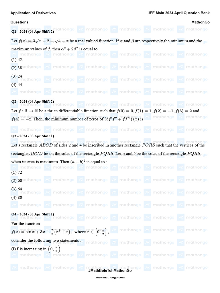 JEE Main 2024 April Derivatives Questions | PDF | Area | Mathematical Objects