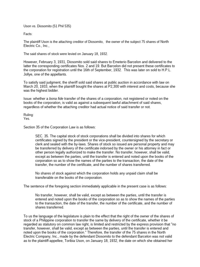 Uson vs. Diosomito (51 Phil 535) | PDF | Corporations | Justice