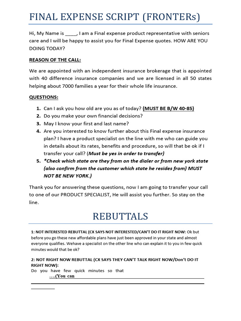 Final-Final Expense Script + Rebuttals (Arsalan) | PDF | Insurance ...
