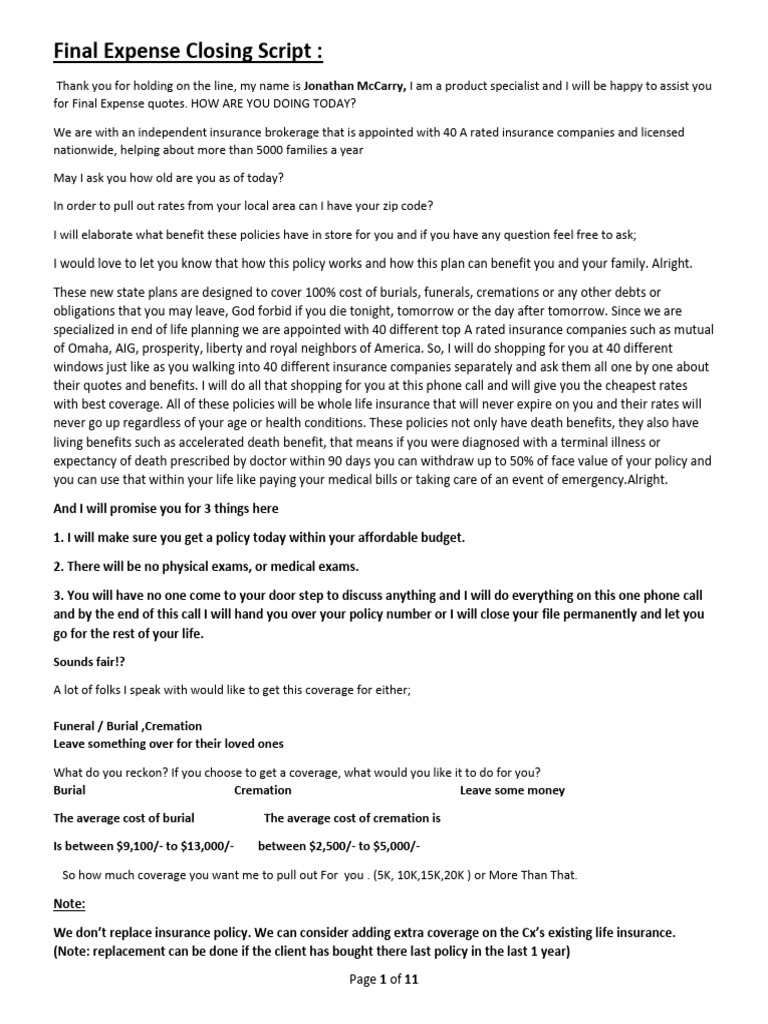 Final Expense Closing Script (2024) With Benefits by Muneeb | PDF ...