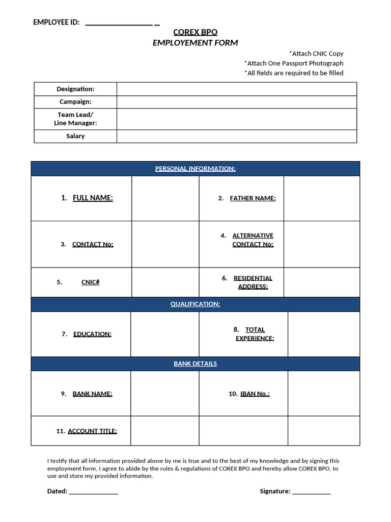 COREX BPO Employement Form | PDF
