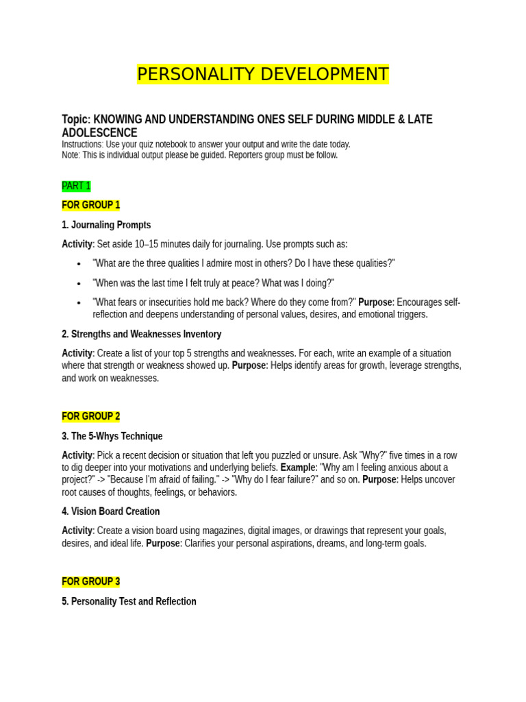 Personality Development Activity 1 | PDF | Self Concept | Goal