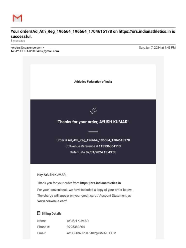 Gmail - Your order#Ad_Ath_Reg_196664_196664_1704615178 on https___ors.indianathletics.in is ...