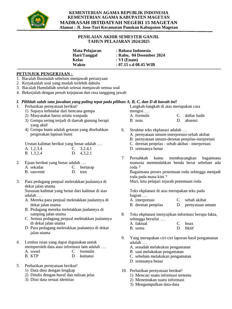 SAS-I Bhs Indonesia Kelas VI - TP 2024-2025 | PDF