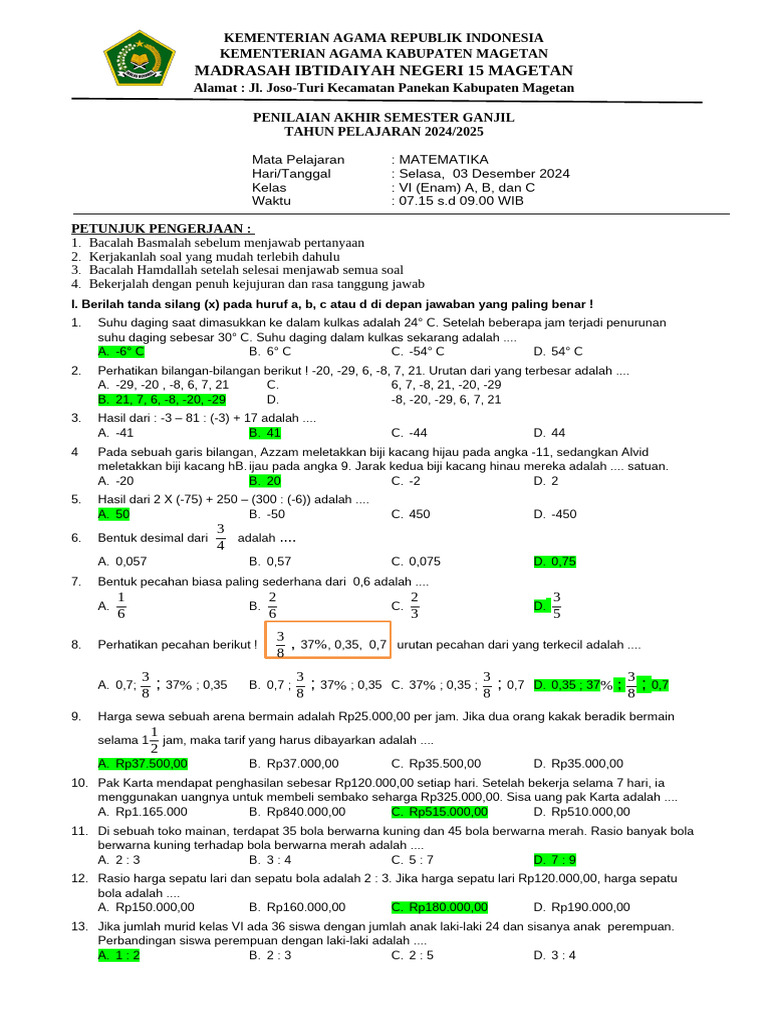 Soal SAS-Matematika Kelas 6 Semester 1 Kurmer TP 2024-2025 DAN KUNCI JAWABAN | PDF