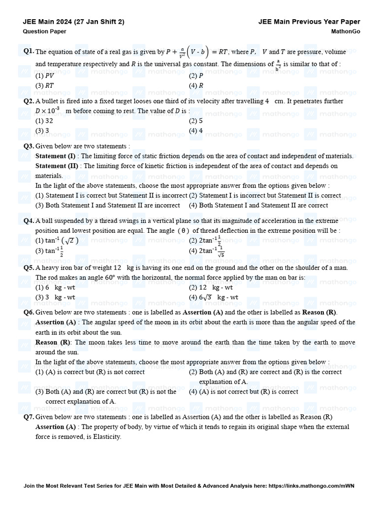 JEE Main 2024 (27 Jan Shift 2) Previous Year Paper With Answer Keys - MathonGo | PDF ...