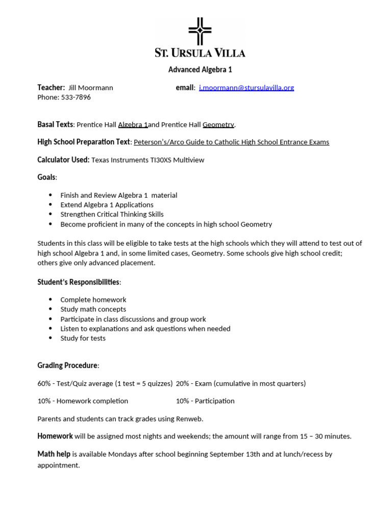 Meet the Teacher Night One Sheet Advanced Algebra 1 2021 | PDF