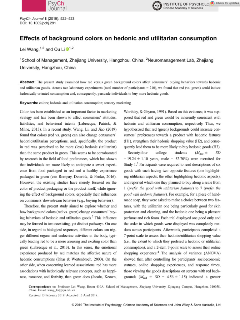PsyCh Journal - 2019 - Wang - Effects of background colors on hedonic ...