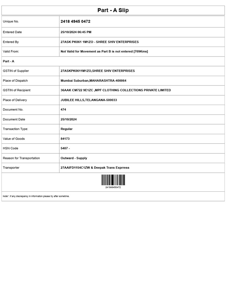 E-Way Bill 474 | PDF