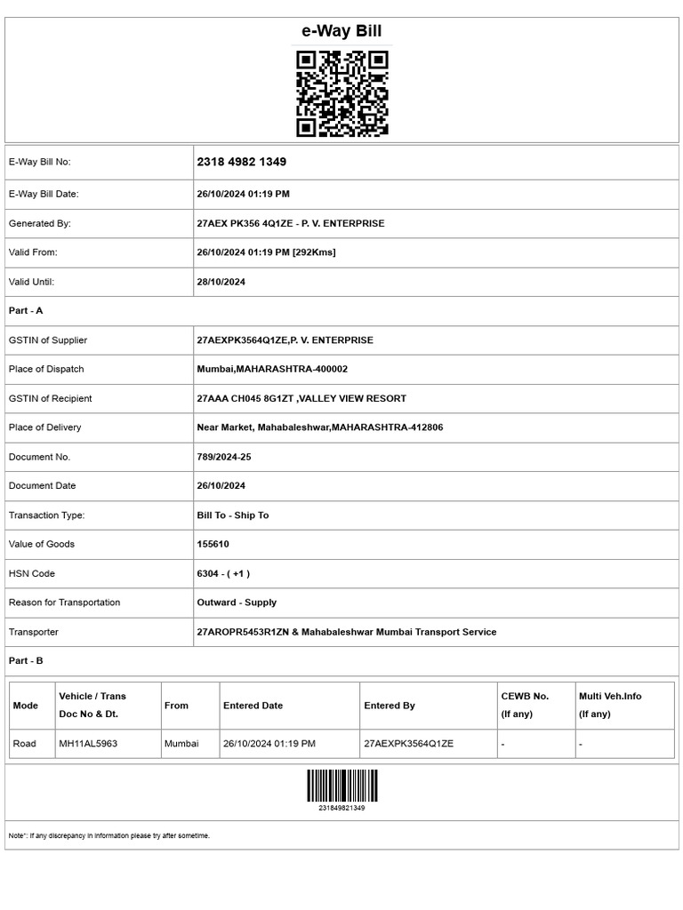 e-Way Bill for P. V. Enterprise | PDF