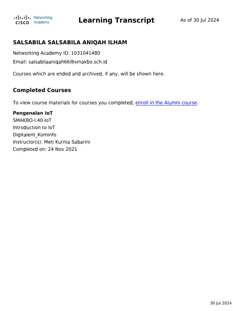 NetAcad Learning Transcript | PDF