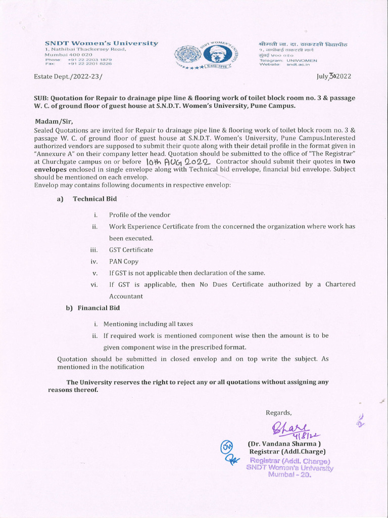 Quotation For Repair To Drainage Pipe Line and Etc Work at Sndtwu Pune ...