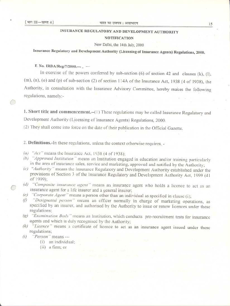 IRDA (Licensing of Insurance Agents) Regulations, 2000 | PDF