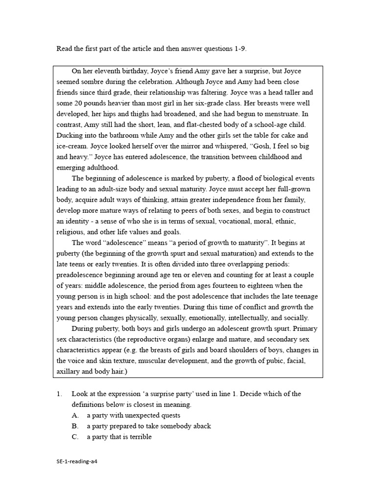 SE-1-reading-a4 | PDF | Adolescence | Puberty