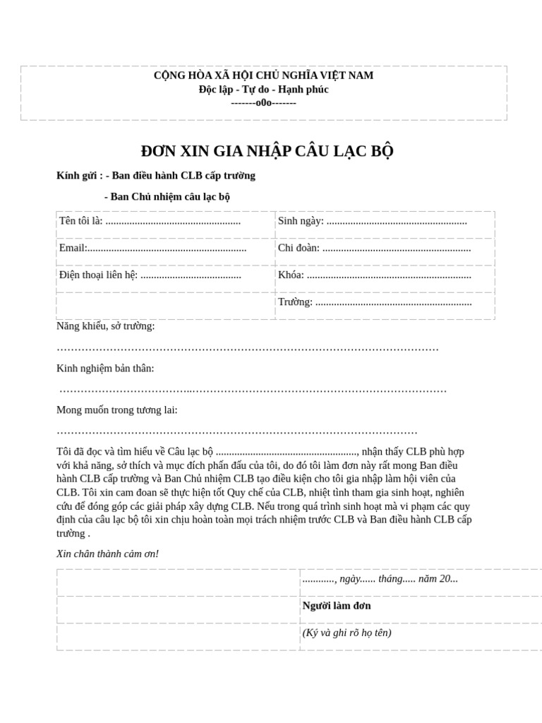 Đơn Xin Đăng Kí CLB | PDF