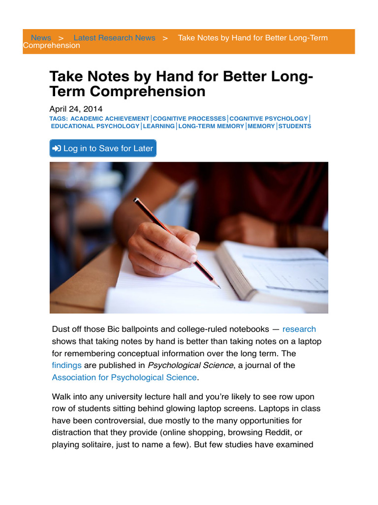 Take Notes by Hands For A Better Comprehension | PDF | Laptop | Psychology