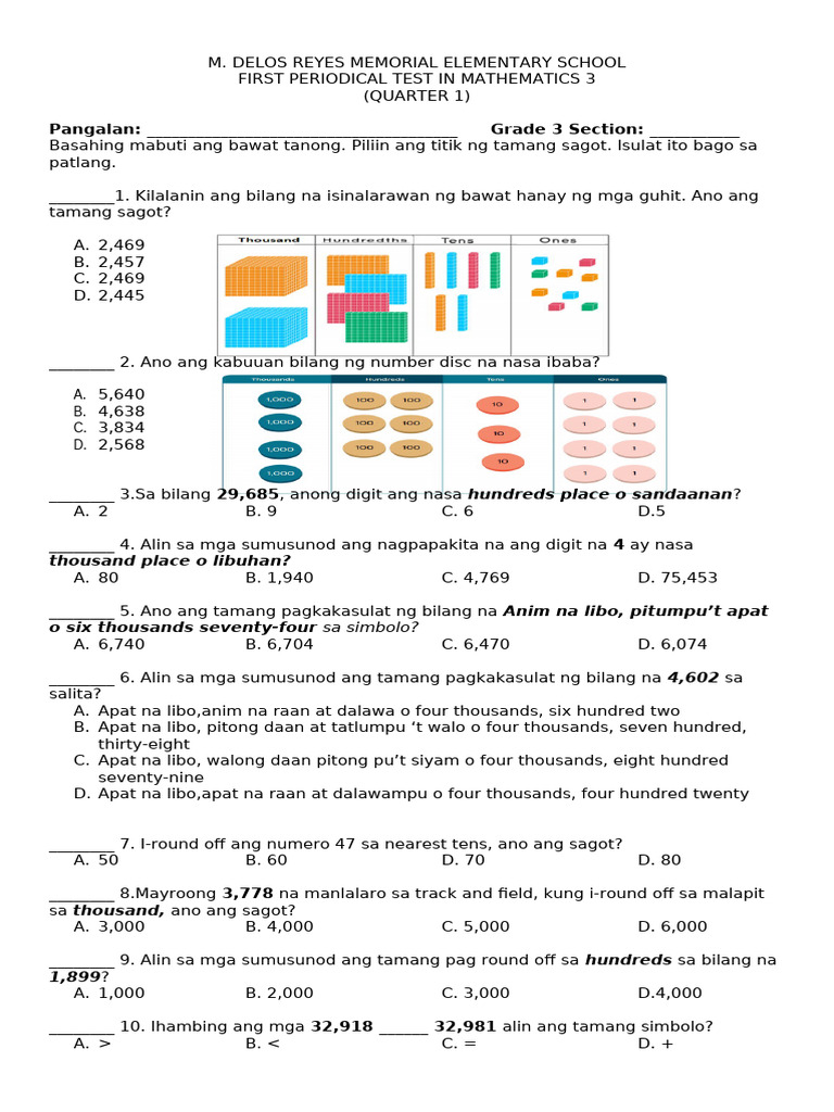 g3 Math q1 Periodical Test 1 | PDF