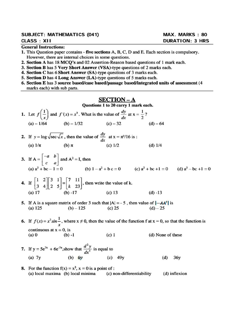 Maths Class Xii Sample Paper 2025 QP | PDF