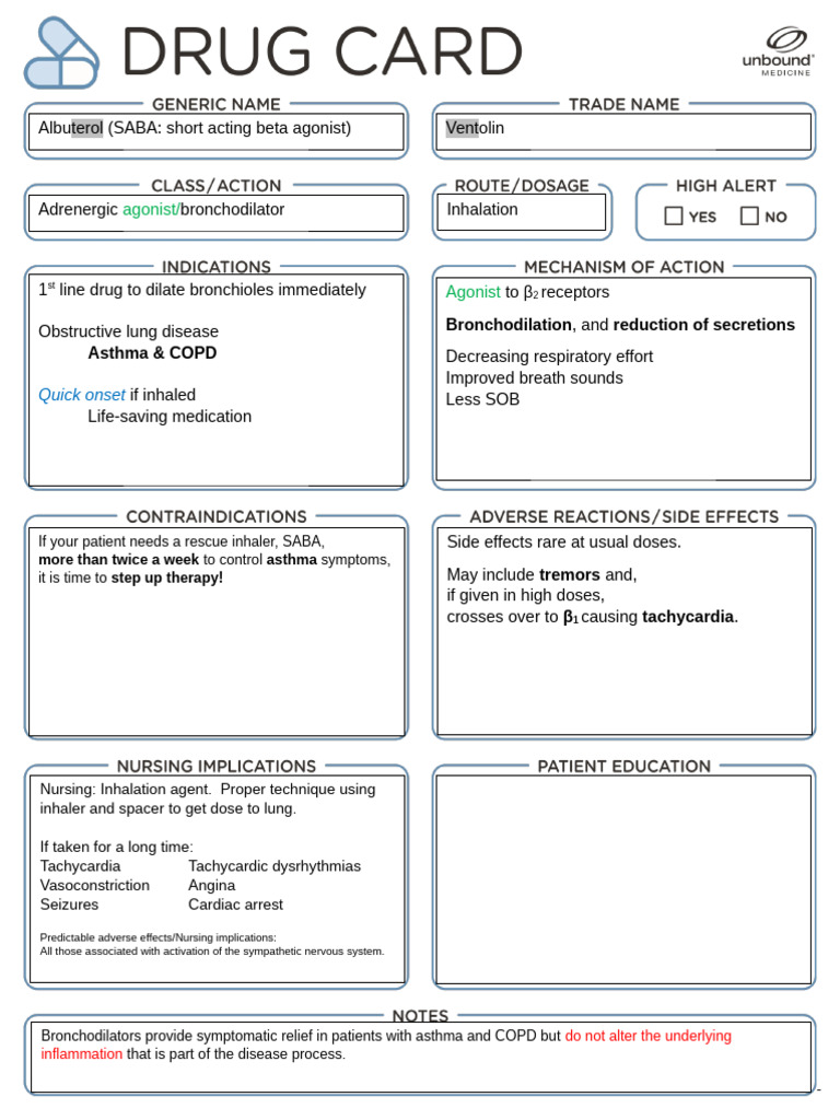 Albuterol Drug Card | PDF