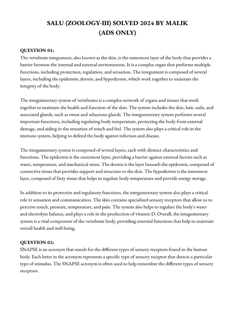 Zoology-III (Ads) Solved by Malik | PDF | Integumentary System | Hormone