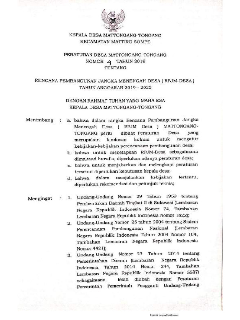 Perdes No 4 Tahun 2019 Tentang RPJM Desa Tahun 2019-2025 | PDF