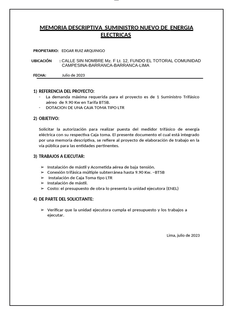 Memoria Descriptiva de Instalaciones Electricas | PDF