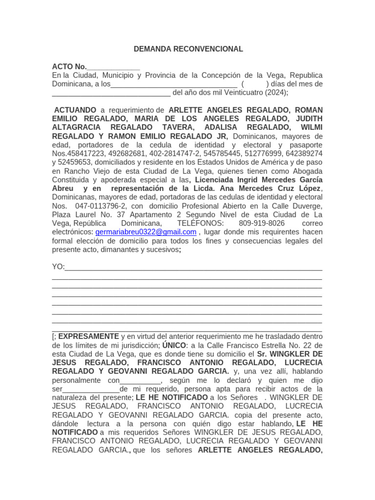 Demanda Reconventional en La Vega 2024 | PDF | Caso de ley | Demanda judicial