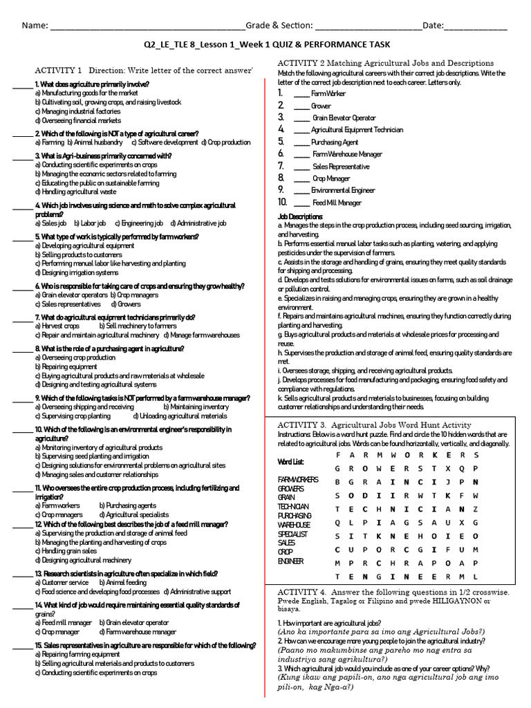 Q2_LE_TLE 7_Lesson 1_Week 1 QUIZ & PERFORMANCE TASK | PDF | Agriculture | Agricultural Machinery