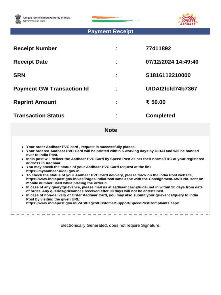 Acknowledgement Slip - Unique Identification Authority of India ...
