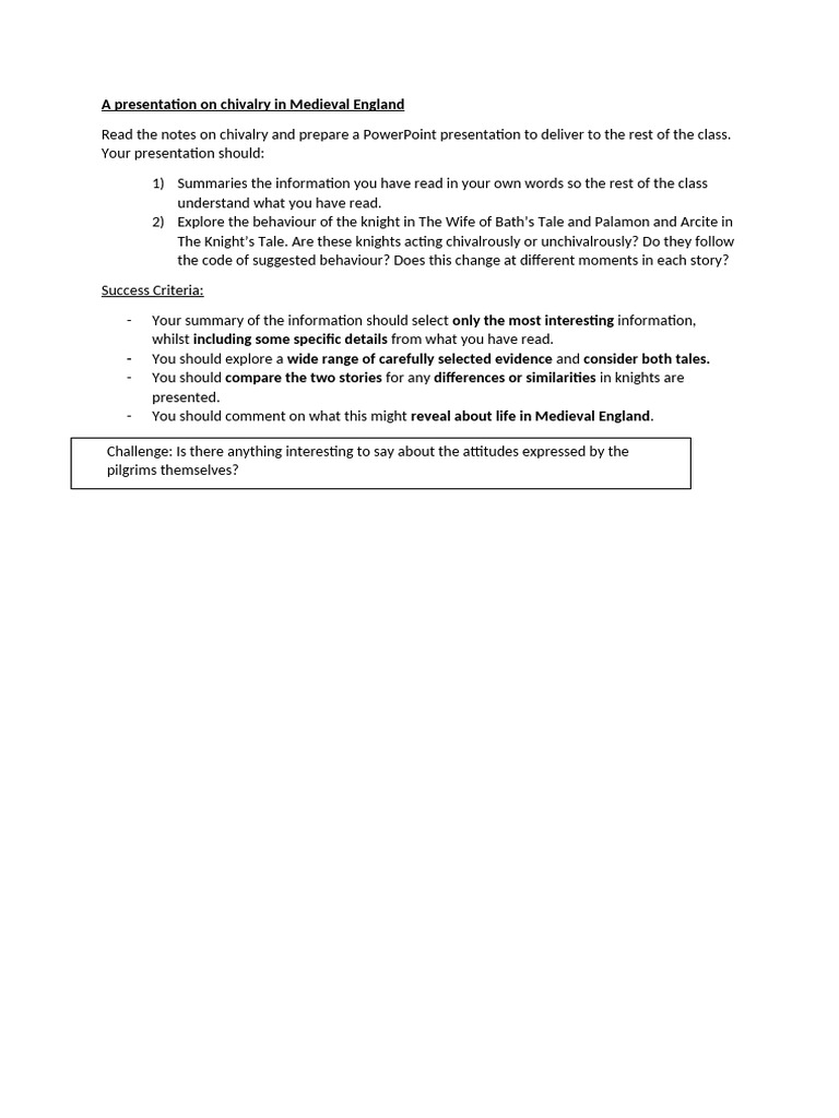 A Presentation On Chivalry in Medieval England - Instructions | PDF
