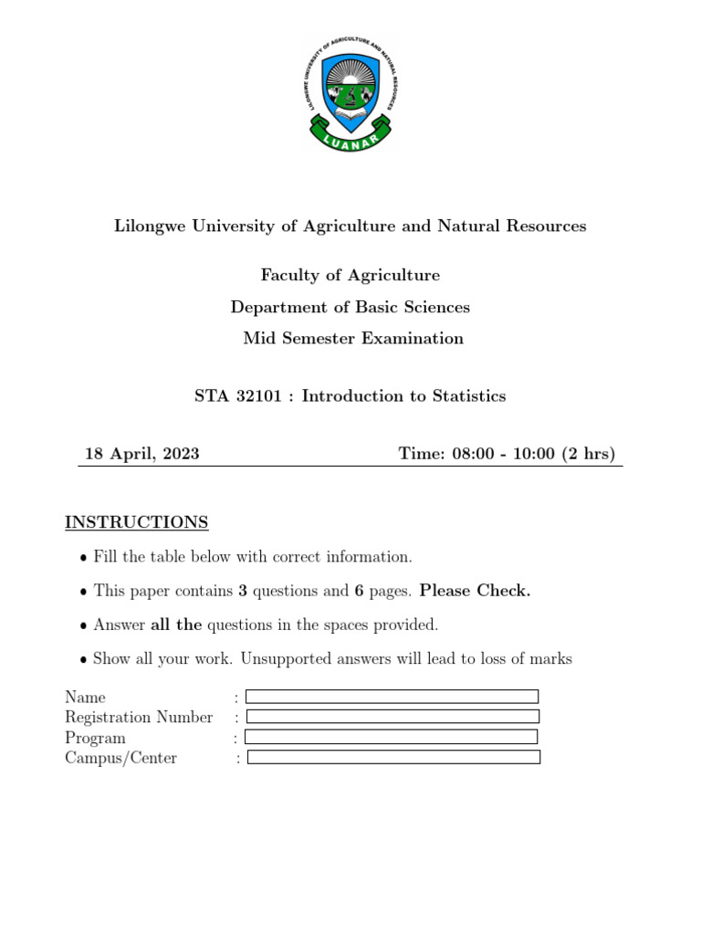 Sta 32101 Mid 2023a | PDF | Standard Deviation | Statistical Analysis