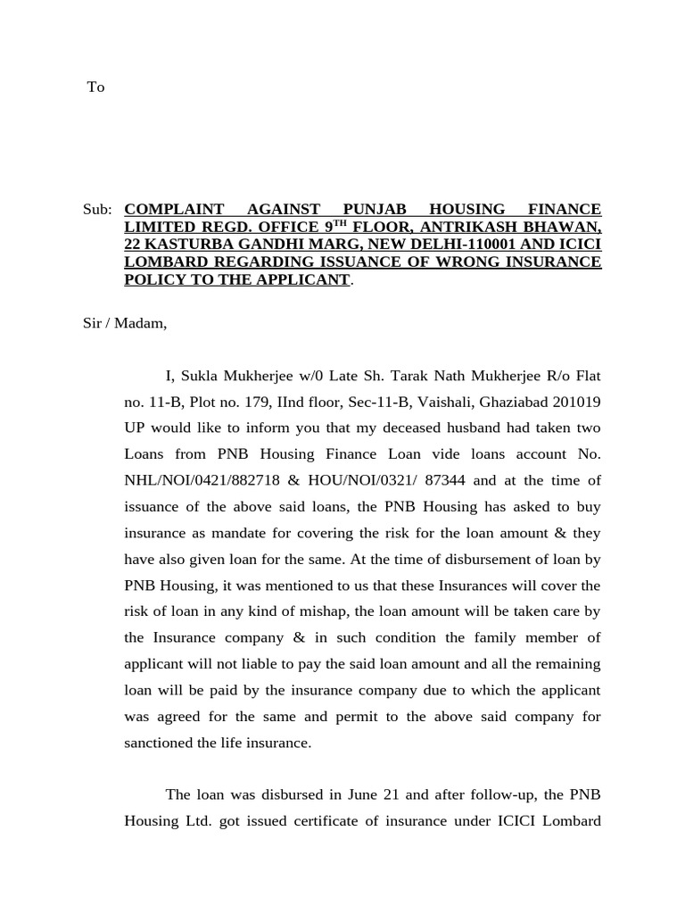 Complaint To SHO For Issuring Wrong Insurance Policy | PDF | Insurance ...