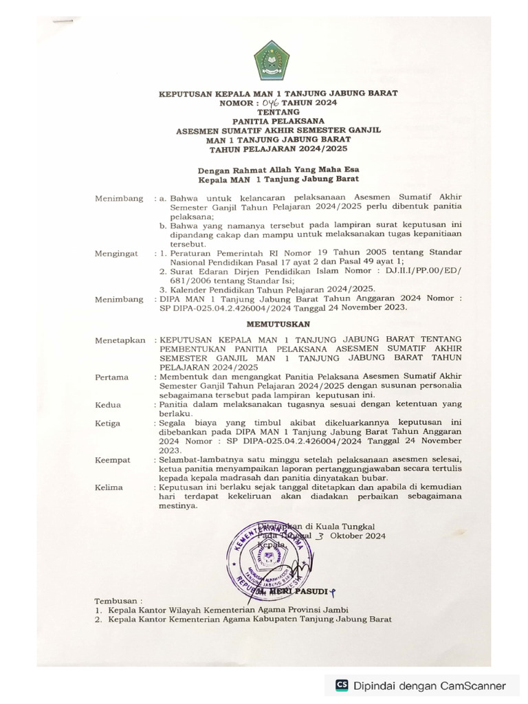 SK Panitia Asesmen Sumatif Akhir Semester Ganjil TP. 2024-2025 | PDF