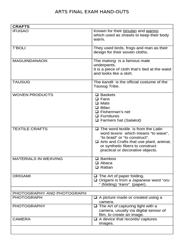 Arts Final Exam Hand Outs | PDF | Dances | Textiles